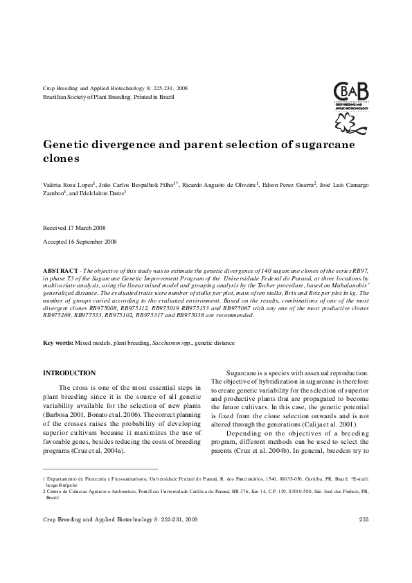 (PDF) Genetic divergence and parent selection of sugarcane clones