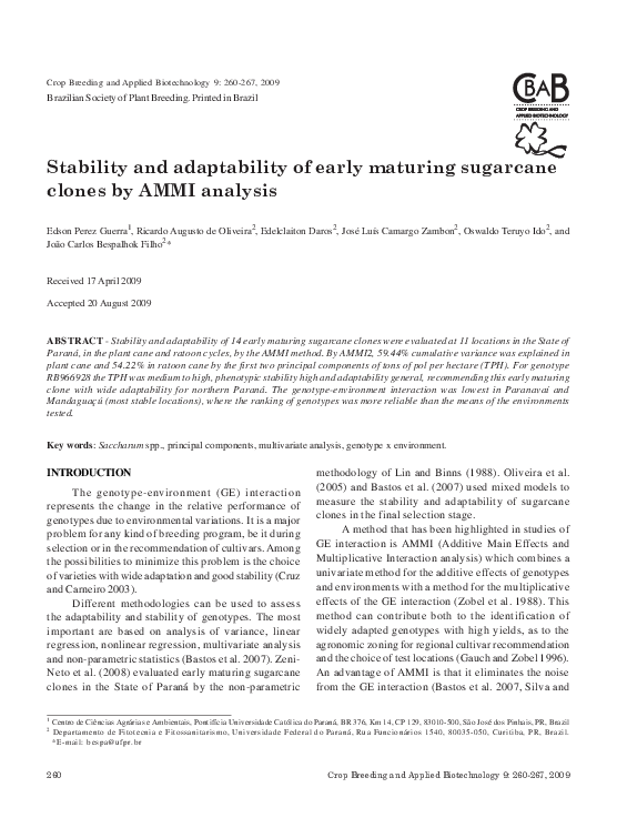 (PDF) Stability and adaptability of early maturing sugarcane clones by AMMI analysis