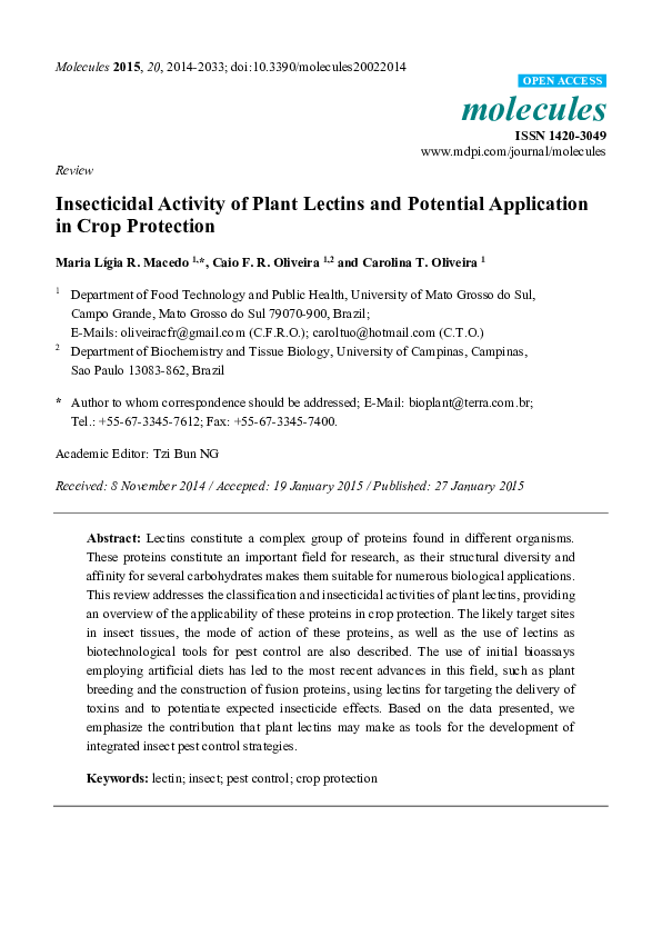 (PDF) Insecticidal Activity of Plant Lectins and Potential Application ...