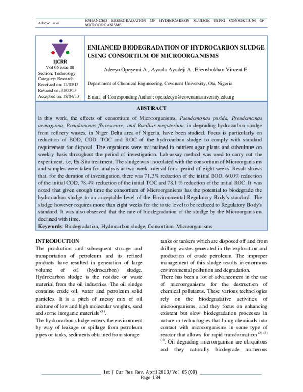 (PDF) Enhanced Biodegradation of Hydrocarbon Sludge Using Consortium of Microorganisms
