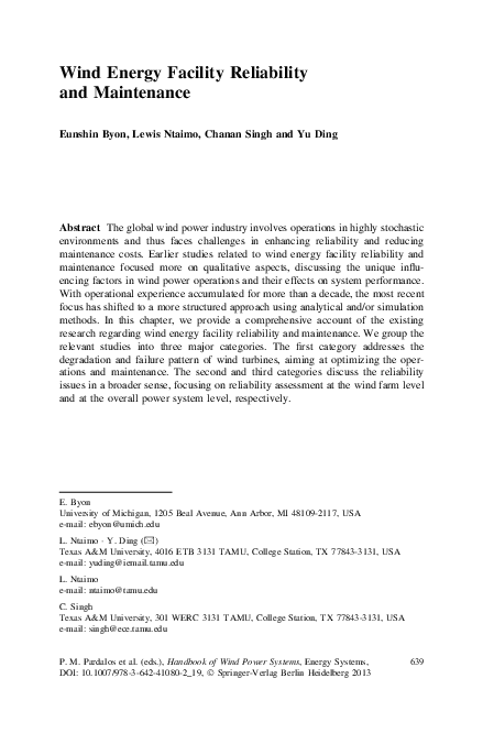 (PDF) Wind Energy Facility Reliability and Maintenance