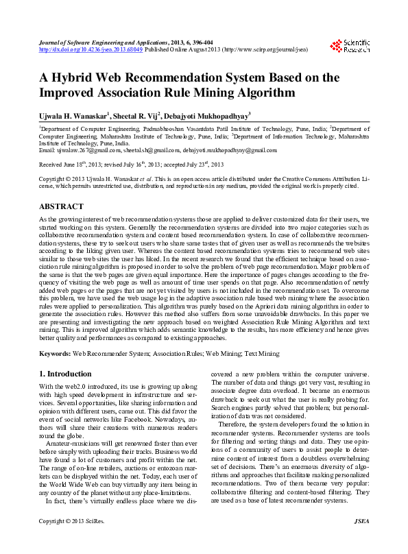 Pdf A Hybrid Web Recommendation System Based On The Improved Association Rule Mining Algorithm