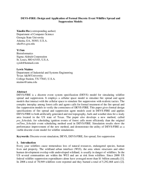 (PDF) DEVS-FIRE: design and application of formal discrete event wildfire spread and suppression ...
