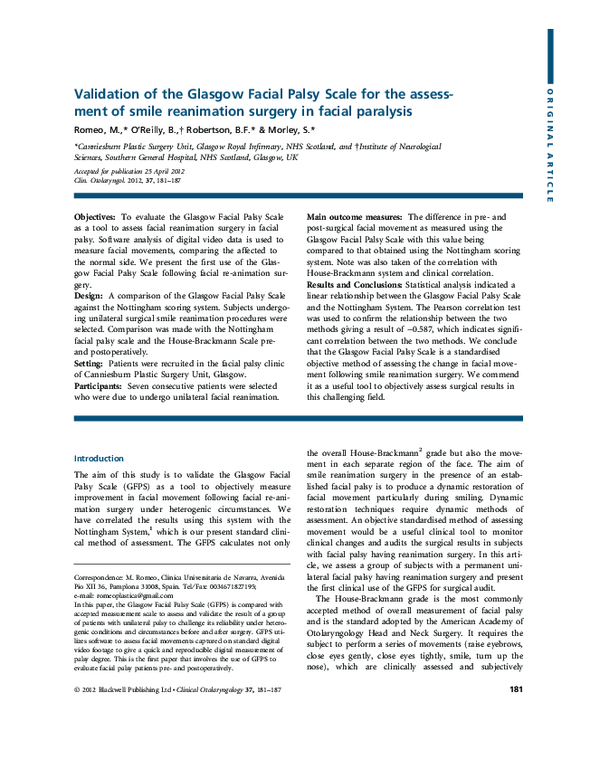 (PDF) Validation of the Glasgow Facial Palsy Scale for the assessment ...