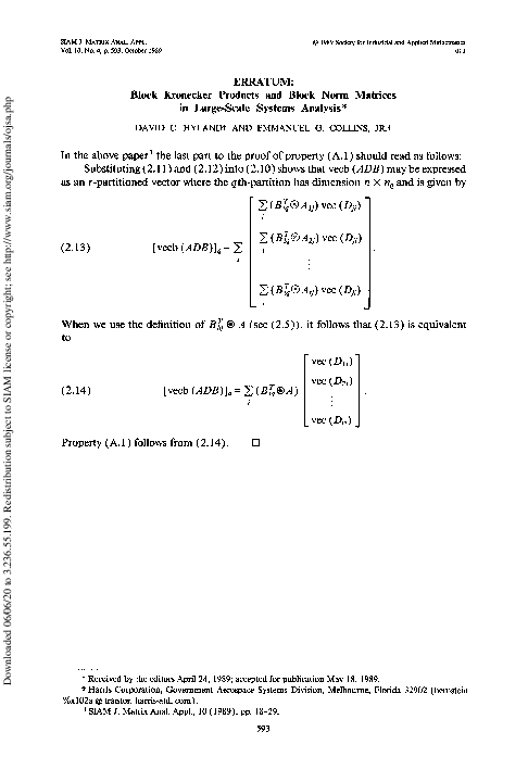Pdf Erratum Block Kronecker Products And Block Norm Matrices In Large Scale Systems Analysis