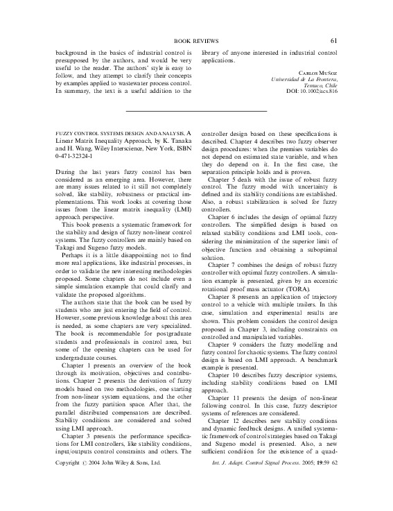 Pdf Fuzzy Control Systems Design And Analysis A Linear Matrix Inequality Approach