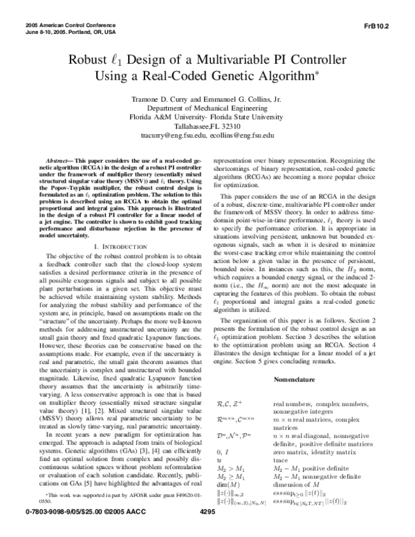 Pdf Robust L Sub 1 Design Of A Multivariable Pi Controller Using A Real Coded Genetic Algorithm