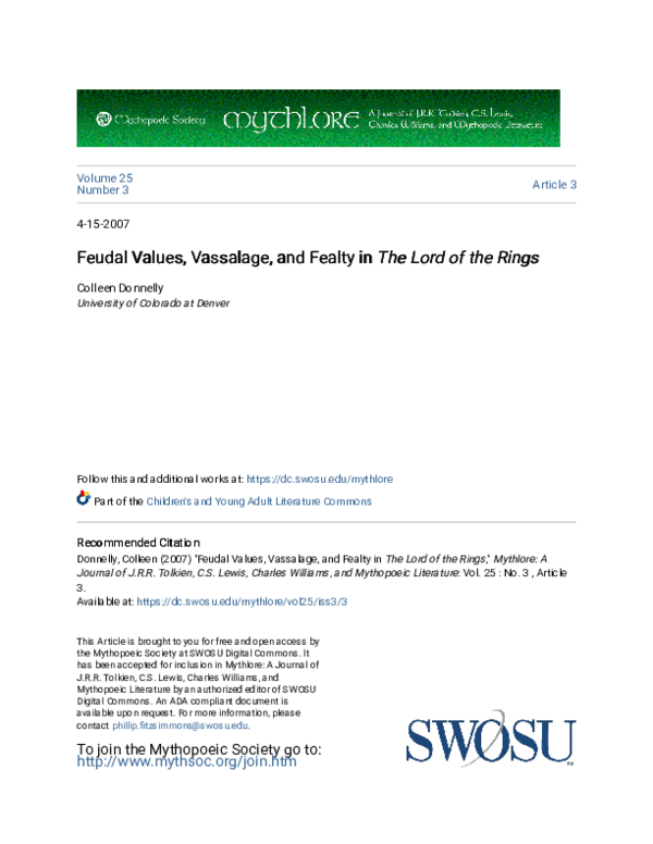 (PDF) Feudal Values, Vassalage, and Fealty in the Lord of the Rings