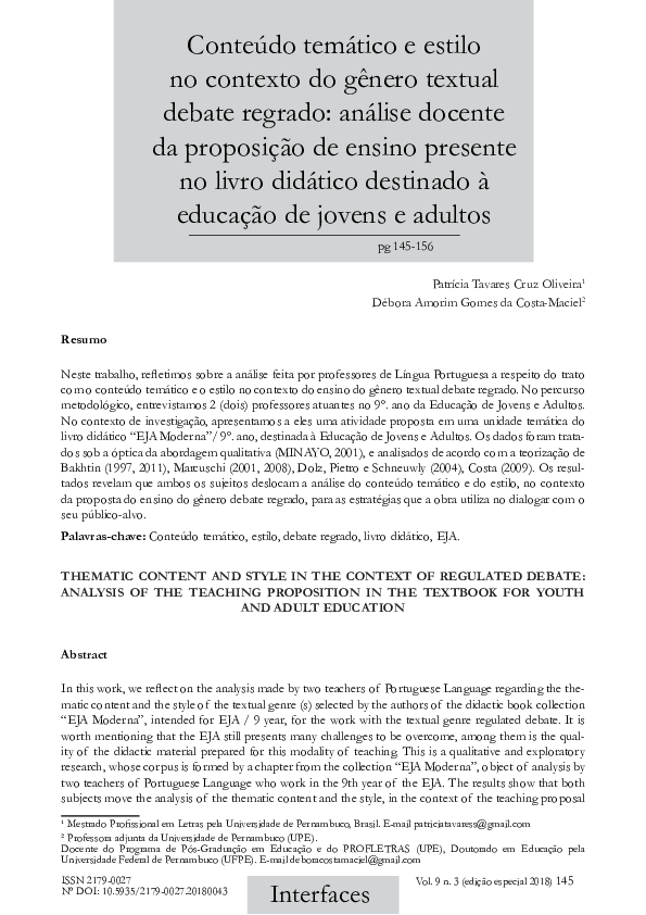 (PDF) Conteúdo temático e estilo no contexto do gênero textual debate ...