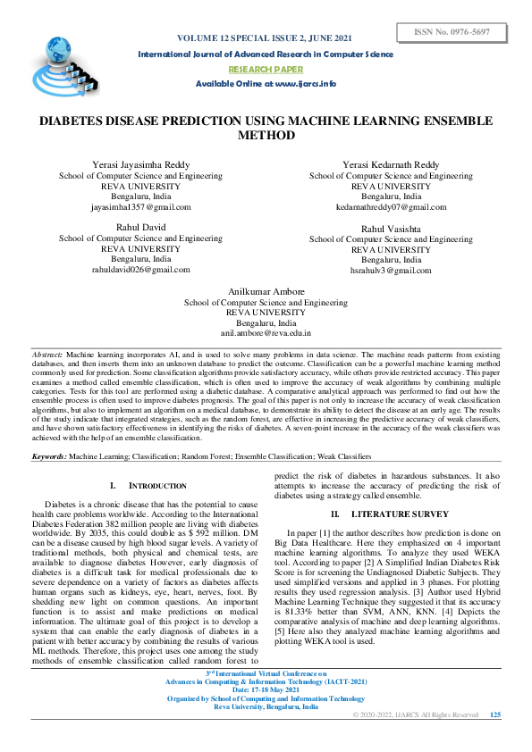 (PDF) Diabetes Disease Prediction Using Machine Learning Ensemble Method