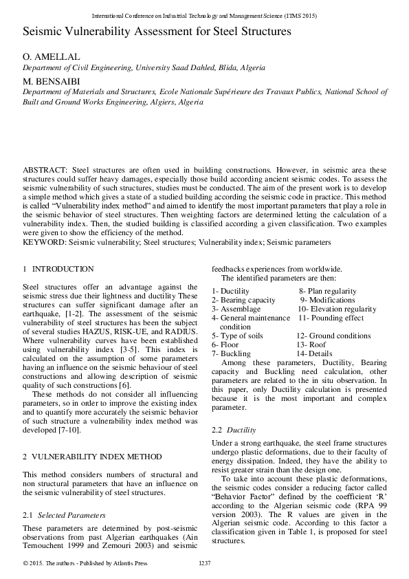 (PDF) Seismic Vulnerability Assessment for Steel Structures (PDF) Seismic Vulnerability Assessment for Steel Structures