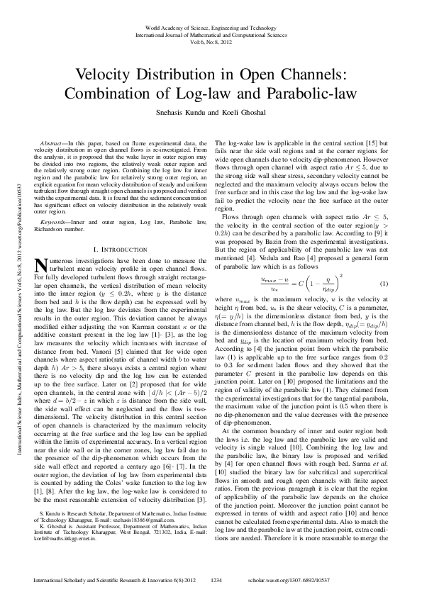 (PDF) Velocity Distribution In Open Channels: Combination Of Log-Law ...