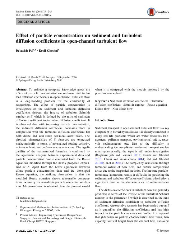 (PDF) Effect of particle concentration on sediment and turbulent diffusion coefficients in open ...