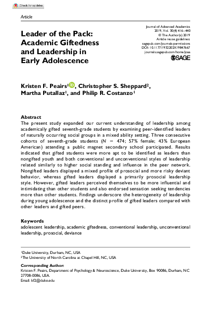 (PDF) Leader of the Pack: Academic Giftedness and Leadership in Early ...