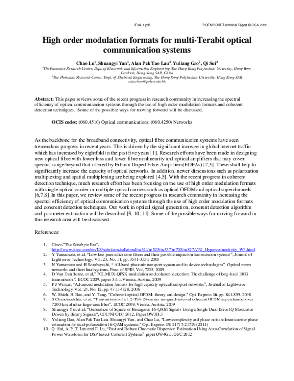 (PDF) High Order Modulation Formats for Multi-Terabit Optical Communication Systems