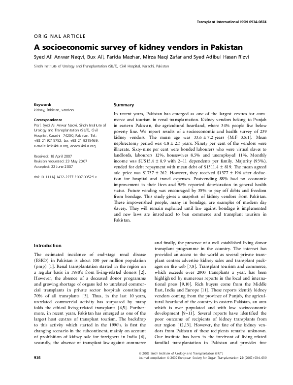 (PDF) A socioeconomic survey of kidney vendors in Pakistan