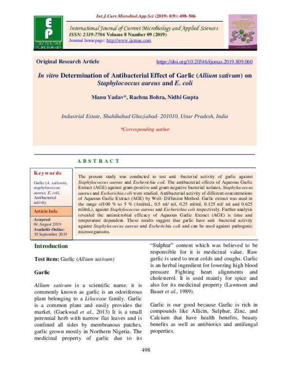 Pdf In Vitro Determination Of Antibacterial Effect Of Garlic Allium Sativum On