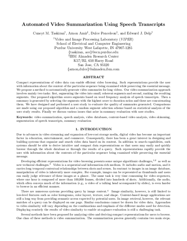 Automated video summarization using speech transcripts