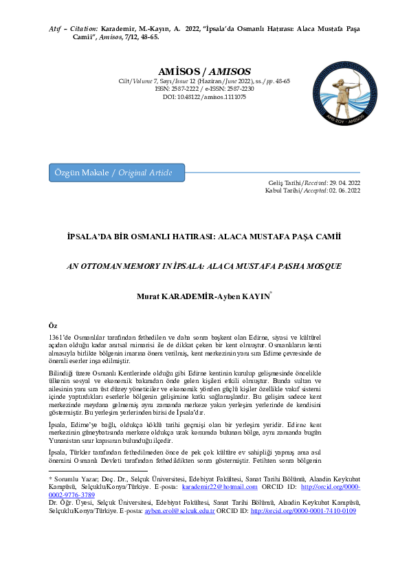 (PDF) İpsala’Da Bi̇r Osmanli Hatirasi: Alaca Mustafa Paşa Cami̇i̇