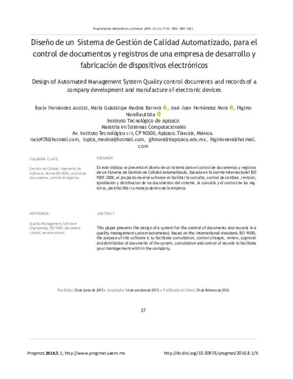(PDF) Diseño de un Sistema de Gestión de Calidad Automatizado, para el ...