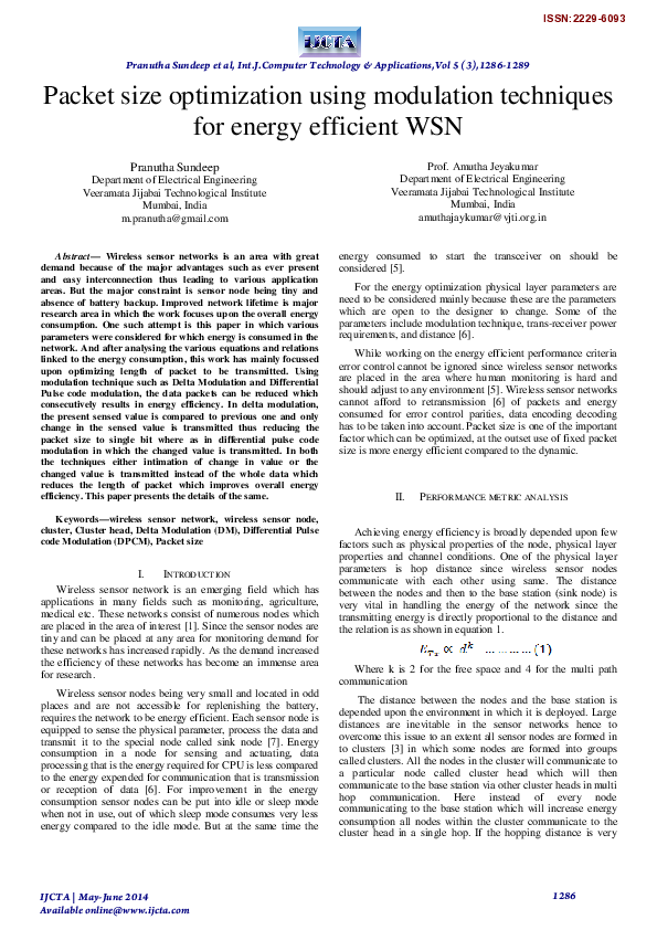(PDF) Packet size optimization using modulation techniques for energy efficient WSN
