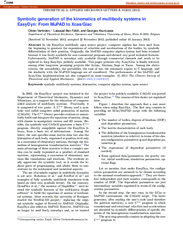 (PDF) Symbolic generation of the kinematics of multibody systems in EasyDyn: From MuPAD to Xcas/Giac