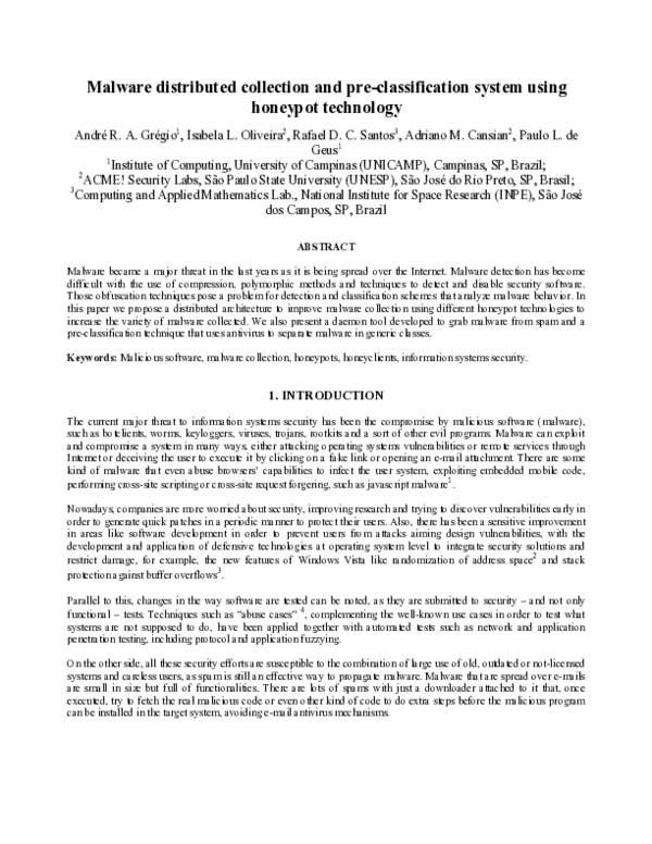 (PDF) Malware distributed collection and pre-classification system using honeypot technology