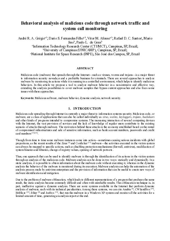 (PDF) Behavioral analysis of malicious code through network traffic and system call monitoring
