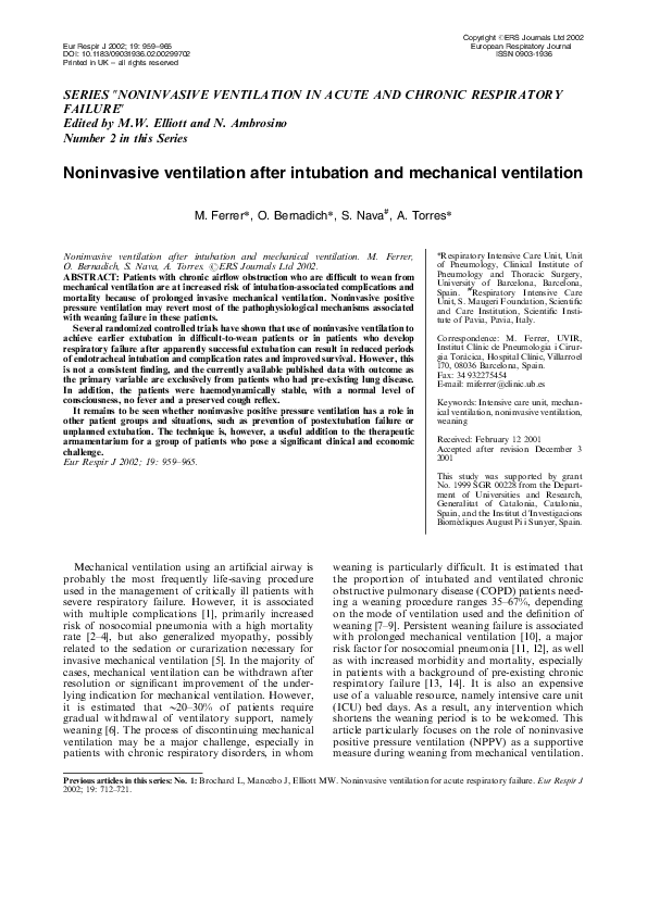 (PDF) Noninvasive ventilation after intubation and mechanical ventilation