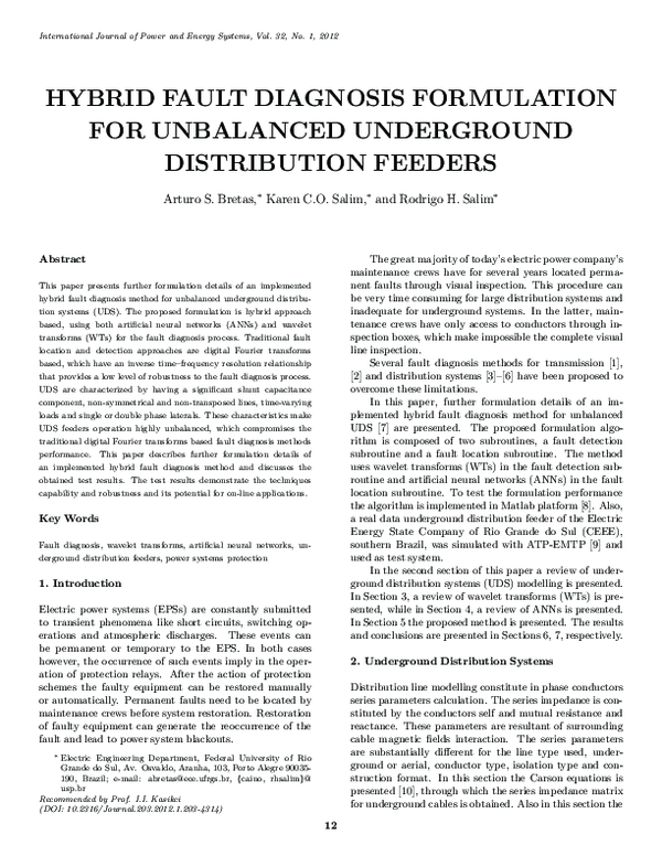 (PDF) Hybrid Fault Diagnosis Formulation for Unbalanced Underground Distribution Feeders