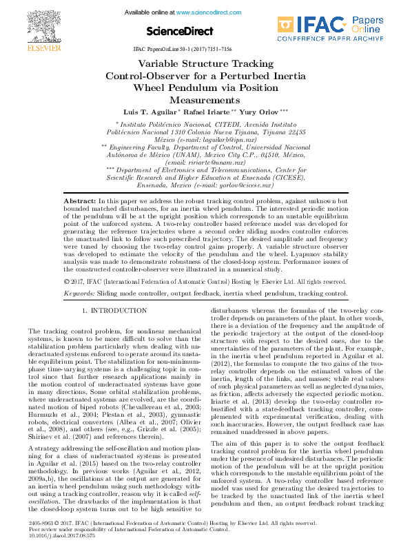 (PDF) Robust Tracking Control for Inertia Wheel Pendulum