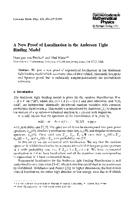 (PDF) A new proof of localization in the Anderson tight binding model