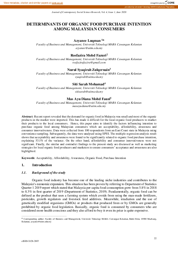 Pdf Determinants Of Organic Food Purchase Intention Among Malaysian Consumers