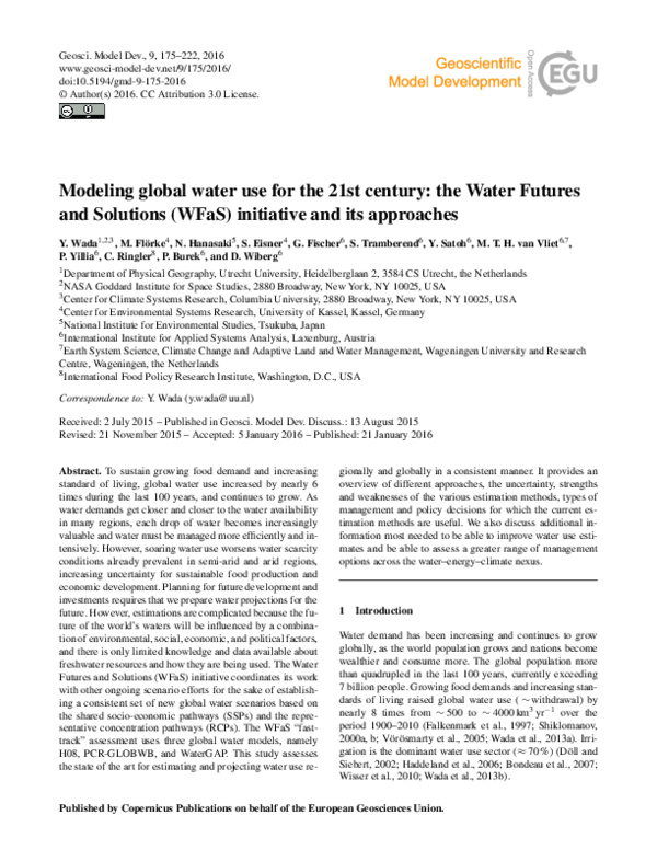 (PDF) Modeling global water use for the 21st century: Water Futures and ...