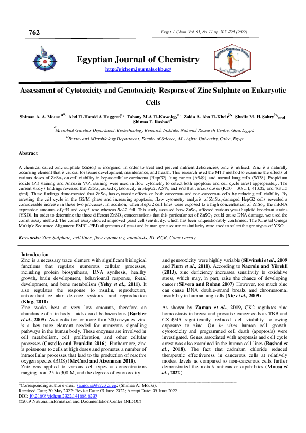 (PDF) Assessment of Cytotoxicity and Genotoxicity response of Zinc ...