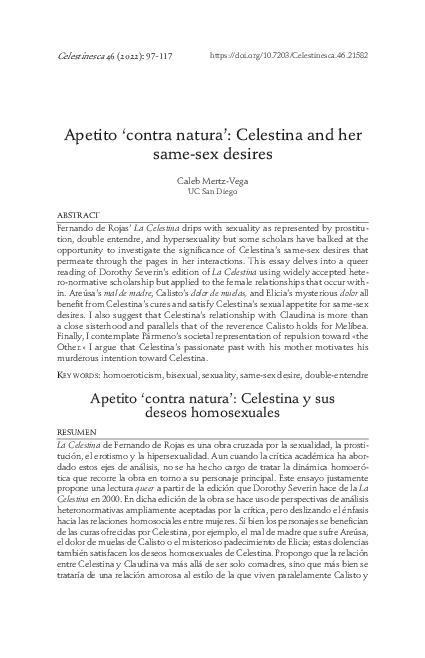 (PDF) Apetito «contra natura»: Celestina and her same-sex desires ...