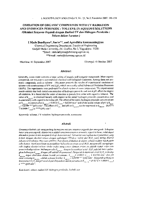 (PDF) OKSIDASI SENYAWA ORGANIK DENGAN RADIASI UV DAN HIDROGEN PEROKSIDA ...