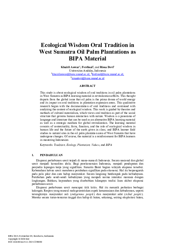 (PDF) Ecological Wisdom Oral Tradition in West Sumatra Oil Palm Plantations as BIPA Material