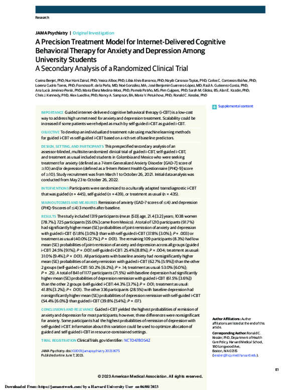(PDF) A Precision Treatment Model for Internet-Delivered Cognitive Behavioral Therapy for ...