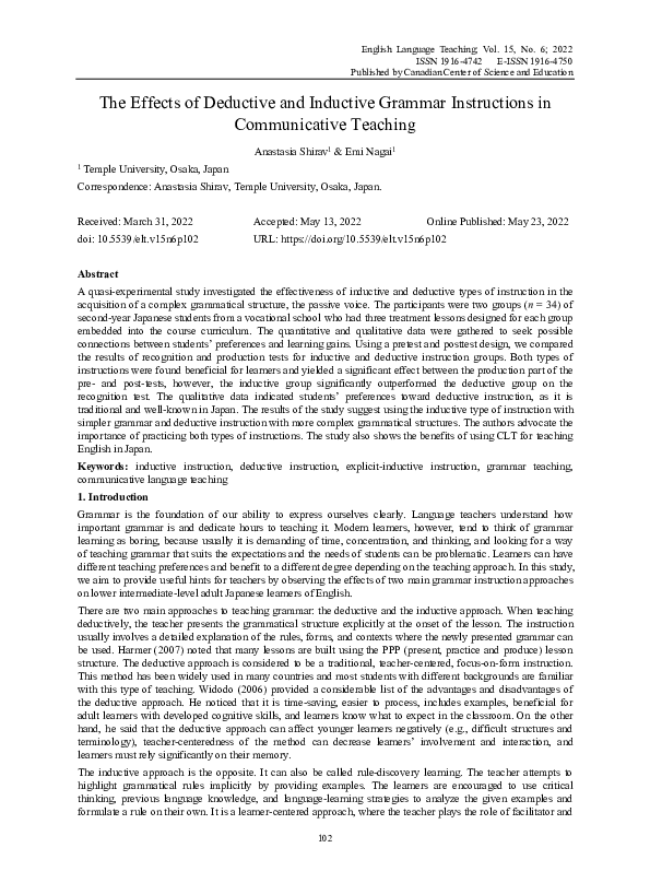 (PDF) The Effects of Deductive and Inductive Grammar Instructions in Communicative Teaching