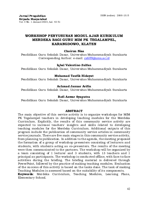 (PDF) Workshop Penyusunan Modul Ajar Kurikulum Merdeka Bagi Guru Mim PK Tegalampel, Karangdowo ...