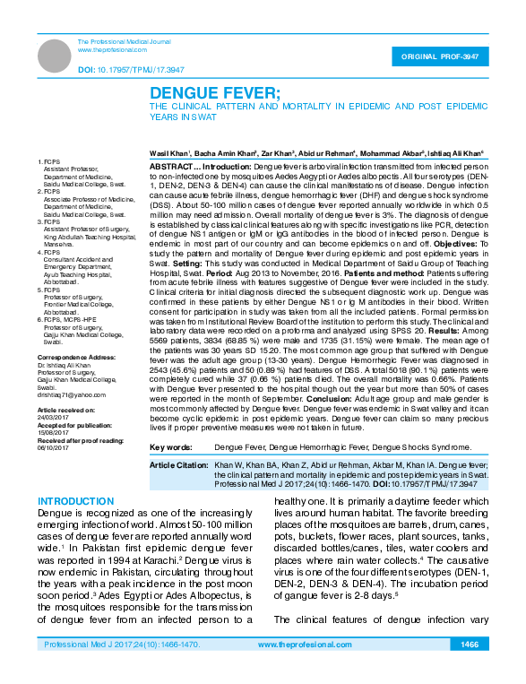 (PDF) Dengue Fever; the Clinical Pattern and Mortality in Epidemic and ...
