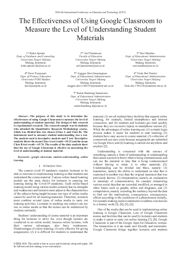 (PDF) The Effectiveness of Using Google Classroom to Measure the Level of Understanding Student ...