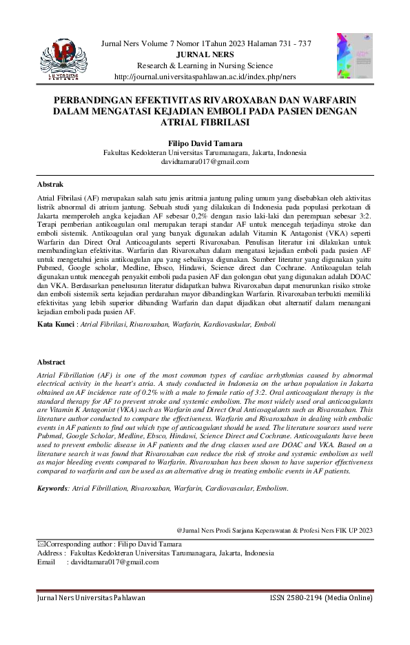 (PDF) Perbandingan Efektivitas Rivaroxaban Dan Warfarin Dalam Mengatasi Kejadian Emboli Pada ...