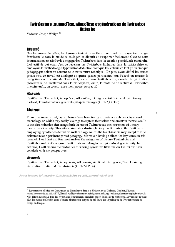 (PDF) Twittérature : autopoïèse, allopoïèse et générations de ...