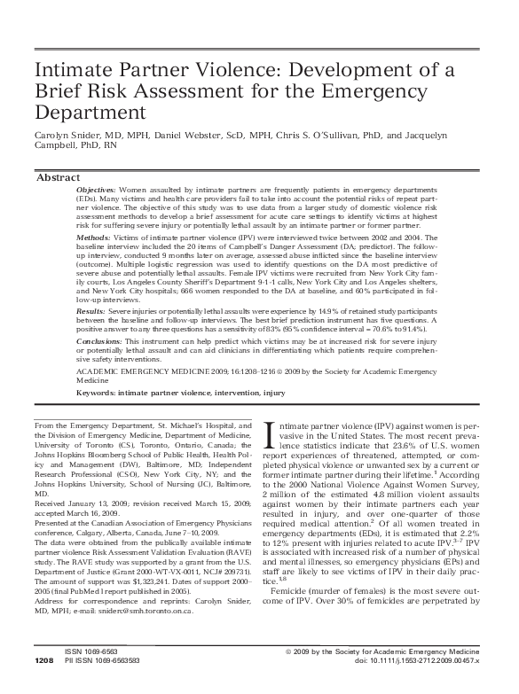 Pdf Intimate Partner Violence Development Of A Brief Risk Assessment
