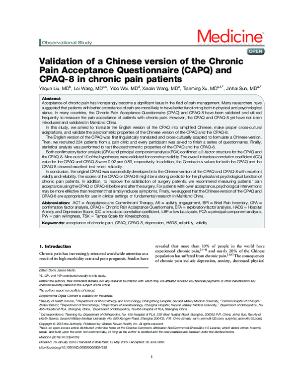 (PDF) Validation of a Chinese version of the Chronic Pain Acceptance ...