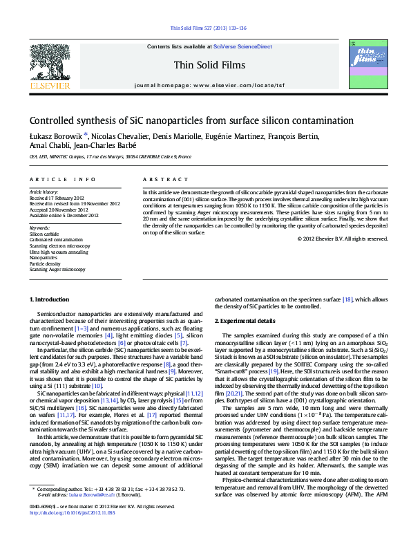 (PDF) Controlled synthesis of SiC nanoparticles from surface silicon ...
