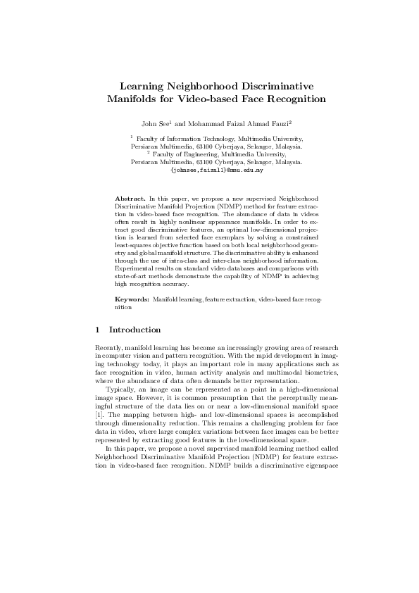 (PDF) Learning Neighborhood Discriminative Manifolds for Video-Based Face Recognition
