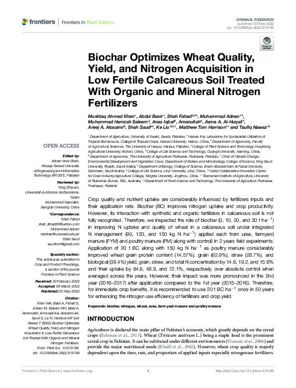 (PDF) Biochar Optimizes Wheat Quality, Yield, and Nitrogen Acquisition in Low Fertile Calcareous ...